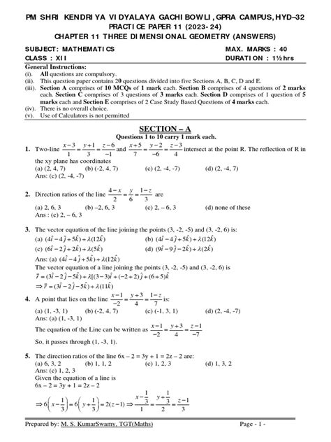 Maths Class Xii Chapter 11 Three Dimensional Geometry Practice Paper 11