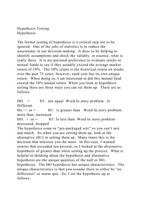 Hypothesis Testinghypothesisthe Formal Testing Of Hypothesis Docx Mutual Funds Personal