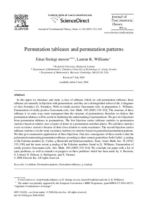 Pdf Permutation Tableaux And Permutation Patterns