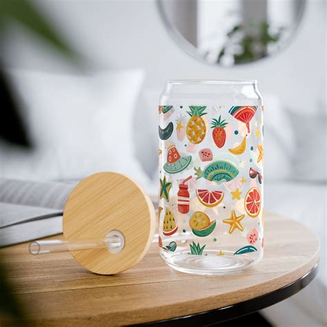 Cute Summer Sipper Glass Rainbow Sipper Glass Cute Clear Glass Bamboo
