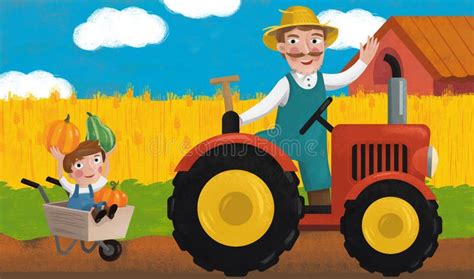 Cartoon Farm Scene With Farmer Son And Tractor Illustration Stock Illustration Illustration Of