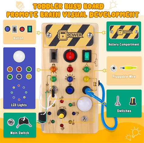 Montessori Wooden Busy Board With 8 Led Light Switches Sensory Toys