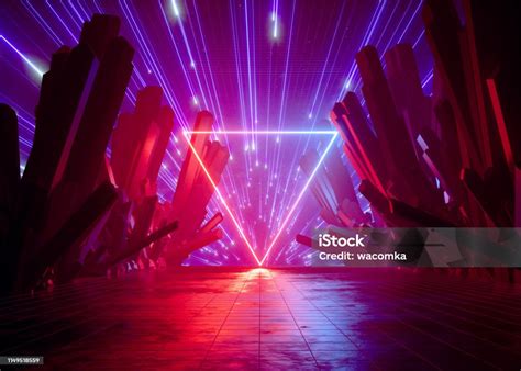 3d 렌더링 추상 미래의 네온 배경 자외선 밤 하늘에서 유성 샤워 크리스탈 바위 위의 핑크 레드 불꽃 놀이 우주 풍경 네온