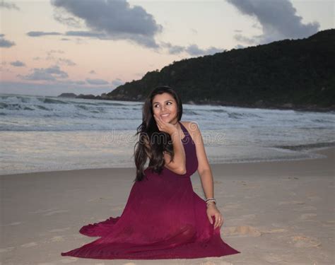 Happy Young Woman Siting And Smile On The Beach Stock Image Image Of