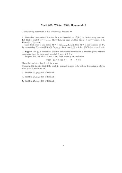 homework 2 problems real analysis math 525 docsity