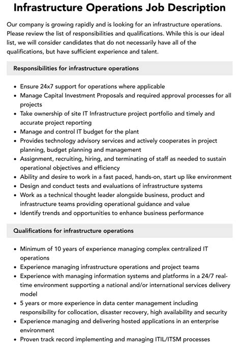 Infrastructure Operations Job Description Velvet Jobs