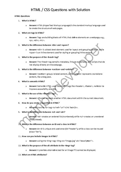 Html Css Questions Mm Notes Html Questions 1 What Is Html O Answer Html Hypertext Markup