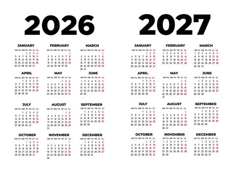 2026 년과 2027 년 달력 프리미엄 벡터