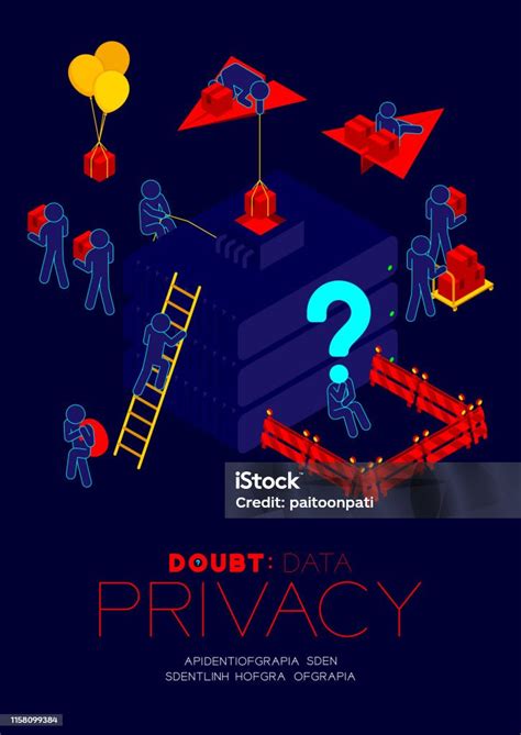의심 데이터 개인 정보 보호 문제 개념 남자 그림 물음표 머리 앉아 아이소메트릭 스토리지 하드 디스크 와 해커 중 장벽 은 파란색 배경에 데이터 일러스트 포스터 및 배너