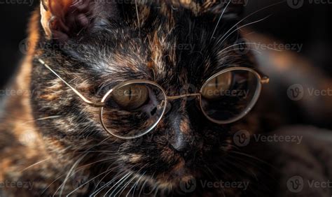 Ai Generated Tricolor Tortoiseshell Cat With Glasses Close Up 41464864