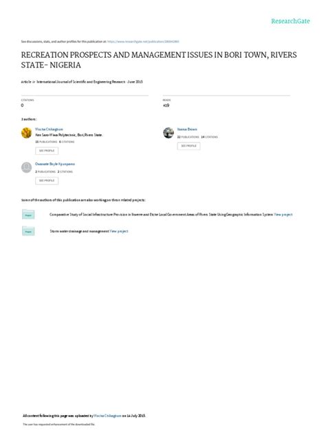 Recreation Prospects And Management Issues In Bori Town Rivers State Nigeria Pdf Parks