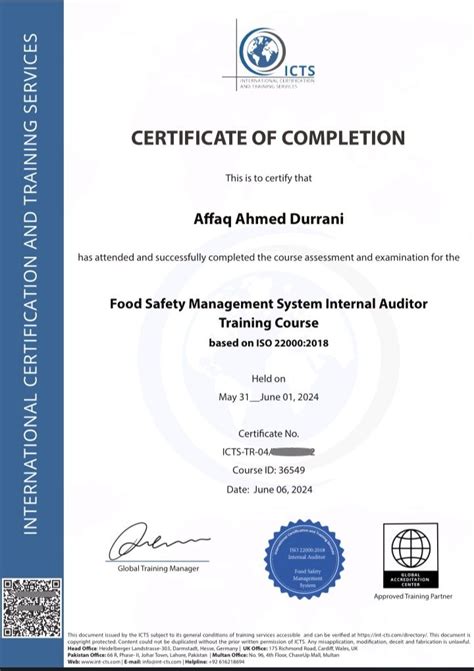 Affaq Ahmed Durrani On Linkedin Alhamdullah I Have Successfully Completed Iso 22000 2018 Food