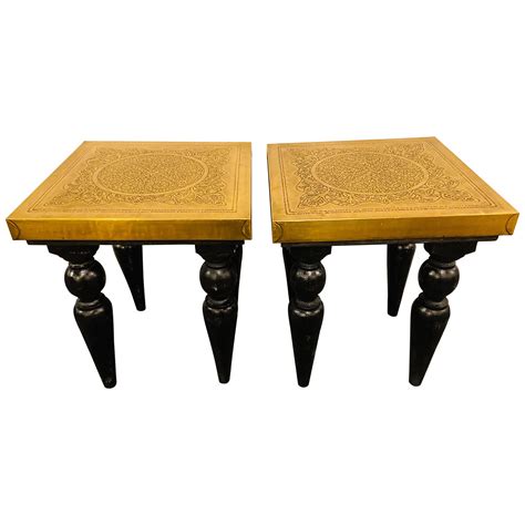 Hollywood Regency Hexagon Gold Brass And Wood Black End Or Side Table