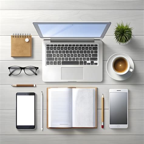 Realistic Top Down View Of Office Desk Stationery Premium Ai