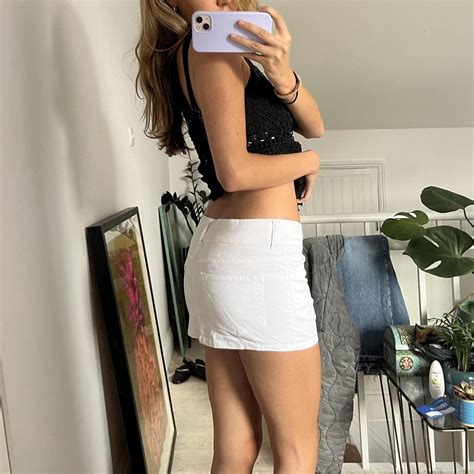 White Low Rise Denim Mini Skirt Uk810 Depop