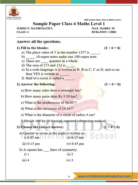 Question Sample Paper Class 4 Maths Level 1 Pdf Area Mathematics