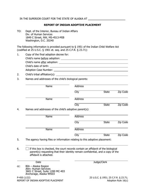 Form P 450 Download Fillable Pdf Or Fill Online Report Of Indian Adoptive Placement Alaska