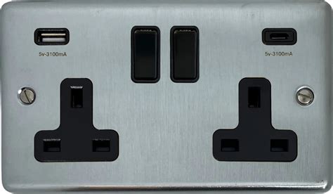 Contour Satin Chrome 2 Gang Socket With Usbc Designer Sockets