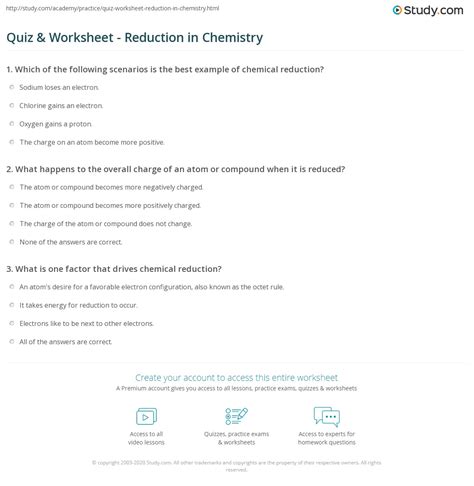 Quiz And Worksheet Reduction In Chemistry