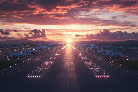 Airport Runway View With Airplanes And Beautiful Sunset Sky With
