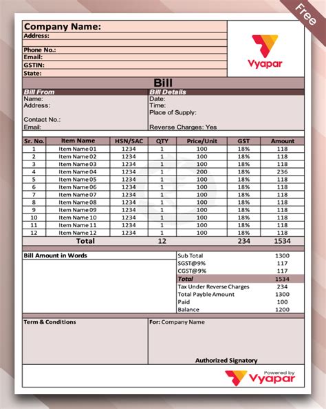 Rcm Invoice Format Free Download