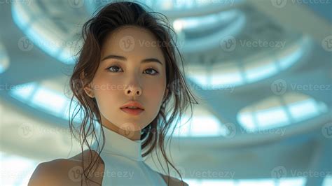 Ai Generated Asian Woman In Futuristic Couture Amidst Modern Art Museum