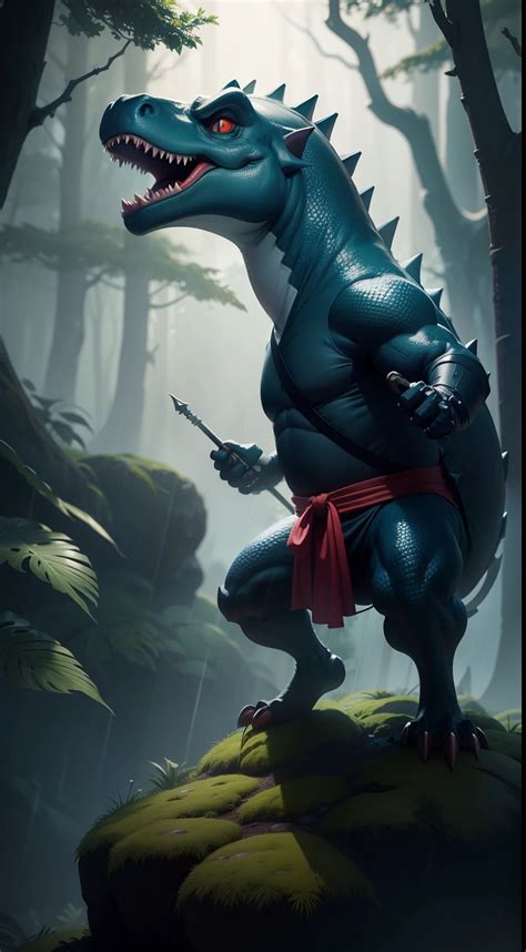 Create A Vibrant Dark Fantasy Cute Ninja Dinosaur In A Clean Lined