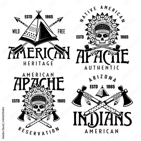 Native American Indians Set Of Four Vector Vintage Emblems Labels