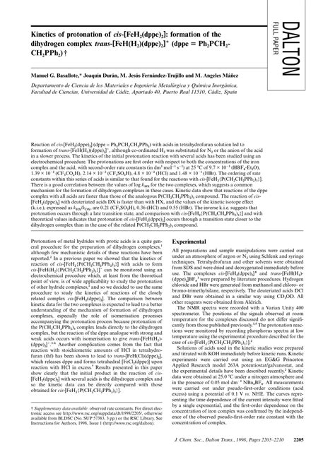 Pdf Kinetics Of Protonation Of Cis Feh2dppe2 Formation Of The
