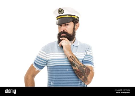 think blue and go green serious seaman with beard isolated on white