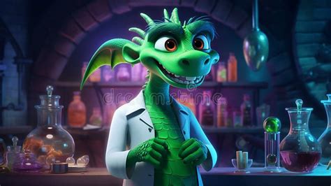 The Green Eastern Dragon Is A Scientist Cartoon Character Working In