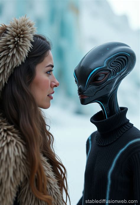 A Photo Of A Primitive Cave Woman Wearing Fur Chatting With A Space