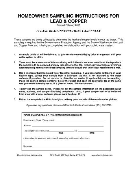 Fillable Online Homeowner Sampling Instructions For Lead Amp Copper Fax