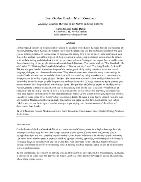 Pdf Lost On The Road To North Cotabato Locating Cotabato Province In The Fiction Of Erwin Cabucos