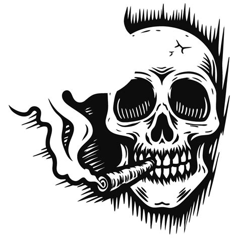 Smoking Skull Illustration Grinning Skeleton Head With Cigar And