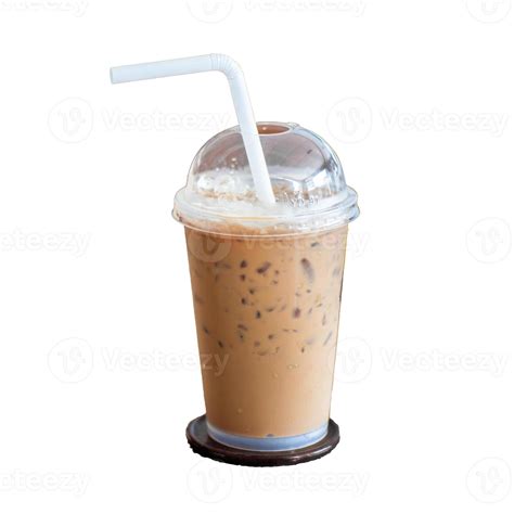 Refreshing Iced Coffee In A Clear Plastic Cup With Straw On White