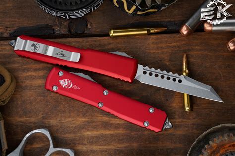 Microtech Ultratech Red Warhound Otf Automatic Knife 34 Stonewash