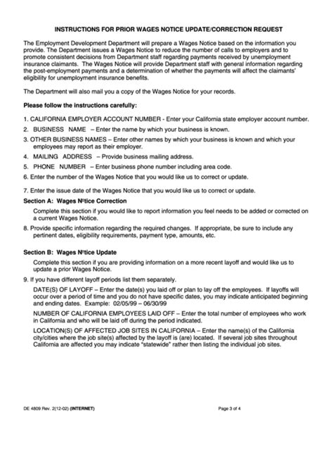 Instructions For Prior Wages Notice Updatecorrection Request Form De
