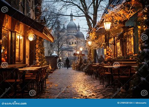 Winter Cityscape Snow Covered Streets Of Paris Lined With Historical
