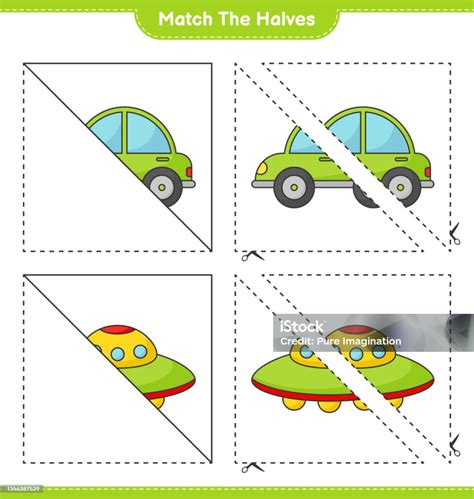 반쪽을 일치시다 자동차와 Ufo의 절반을 일치합니다 교육 어린이 게임 인쇄 워크 시트 벡터 일러스트레이션 0명에 대한 스톡 벡터 아트 및 기타 이미지 Istock