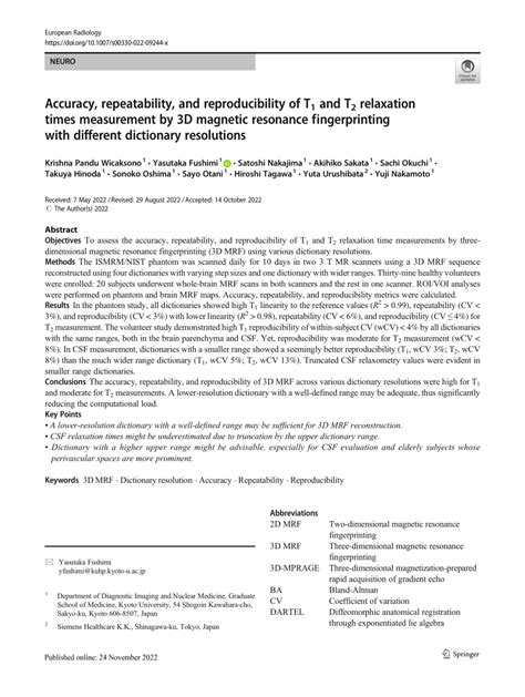 Pdf Accuracy Repeatability And Reproducibility Of T1 And T2 Relaxation Times Measurement By