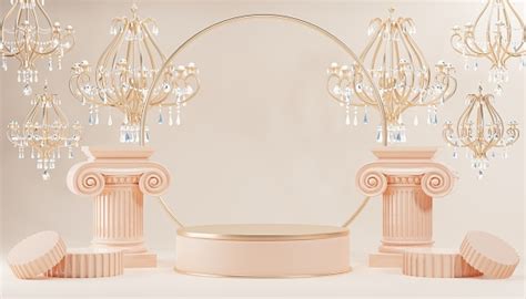 제품 배경에 대한 로마 기둥과 샹들리에 크리스탈이 있는 3d 럭셔리 연단은 짙은 녹색 배경에 쇼 화장품 디스플레이 케이스를 위한 고전적인 스타일입니다 0명에 대한 스톡 사진