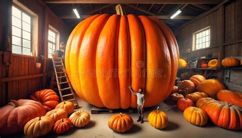 A Giant Pumpkin Surrounded By Many Pumpkins And Ladders Stock