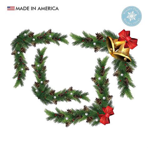 Window Flakes Christmas Fir Cones Ribbon And Bell Garland Corner Window Clings Holiday