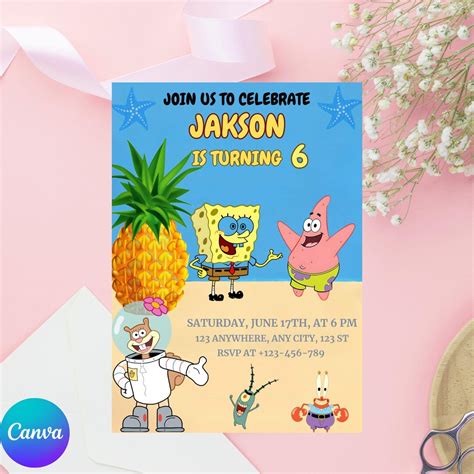 Editable Spongebob Birthday Invitation Digital Spongebob Party Invite Sponge Bob Square Pants