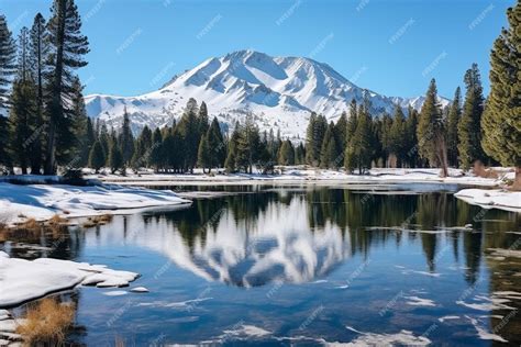 Beautiful View Of Lassen Peak In Winter Snow At Lassen Volcanic