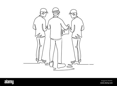 Single Continuous Line Drawing Back View Young Architect And Foreman Brainstorming About