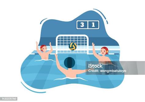 수상 폴로 스포츠 선수 플랫 만화 손으로 그린 템플릿 일러스트레이션에서 수영장에서 상대의 목표에 공을 던지기 위해 재생 Championship에 대한 스톡 벡터 아트 및