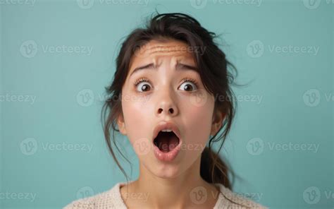 Young Woman Surprised Or Shocked Facial Expression On A Turquoise