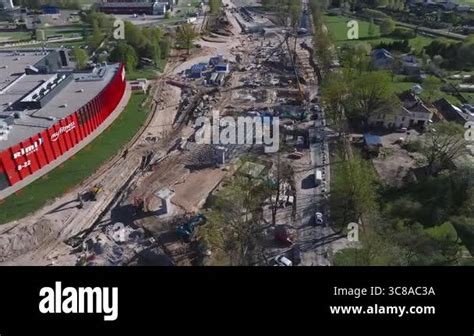 Aerial View Of Active Construction In Riga Latvia Near Aleja Shopping Center Cranes